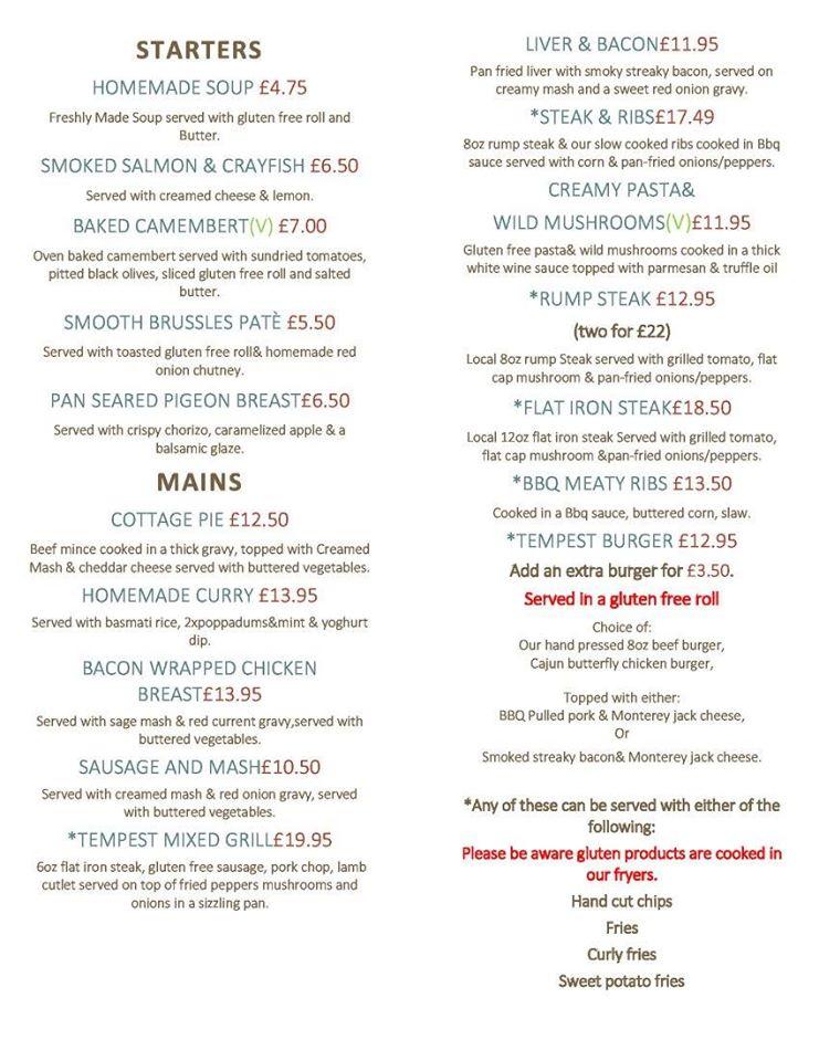 Menu at Tempest Arms pub & bar, Waddington