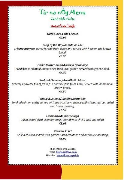 Menu at Tír na nÓg restaurant, Inverin, Tír Na Nóg