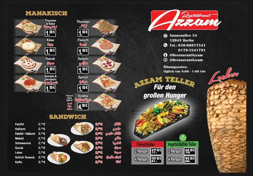 Menu at Azzam Restaurant, Berlin, Sonnenallee 54