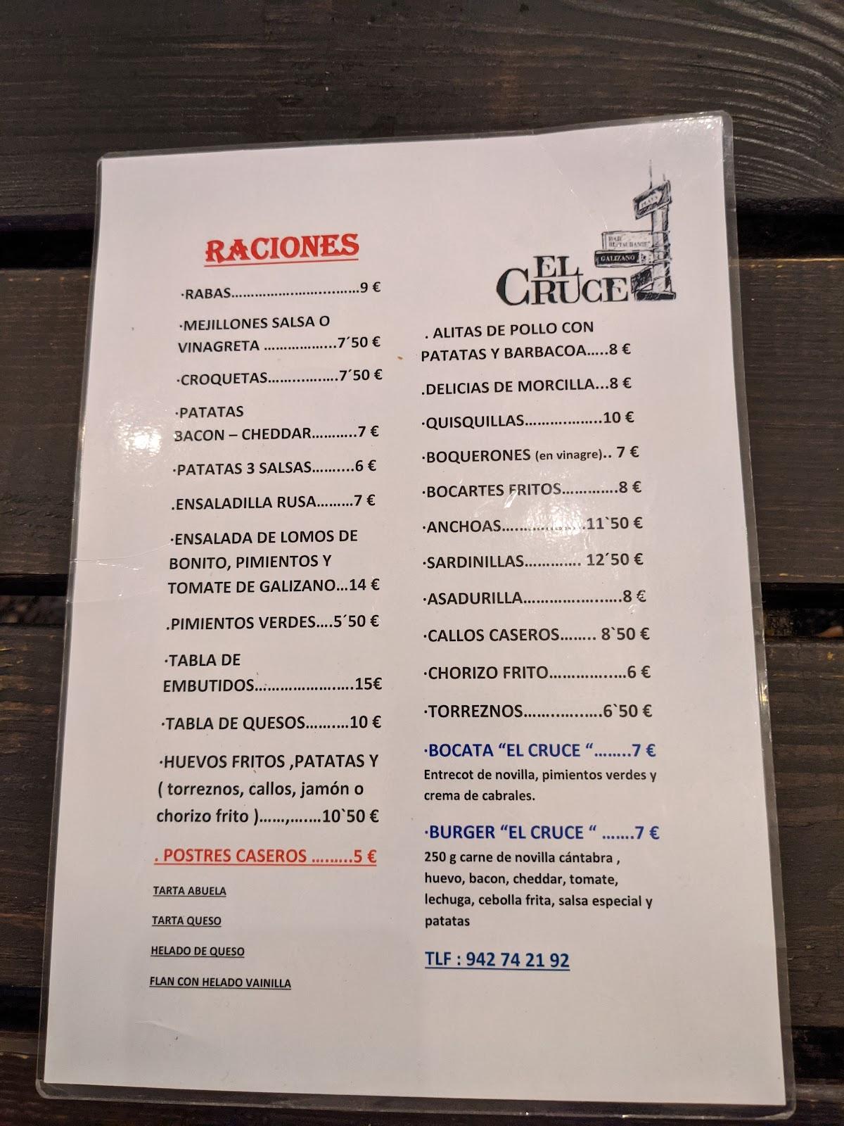 Carta de Bar El Cruce Galizano, Galizano