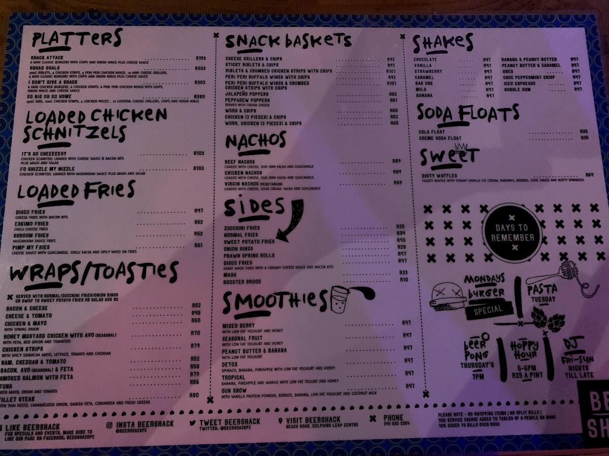 Menu at BeerShack pub & bar, Port Elizabeth, Dolphin's Leap