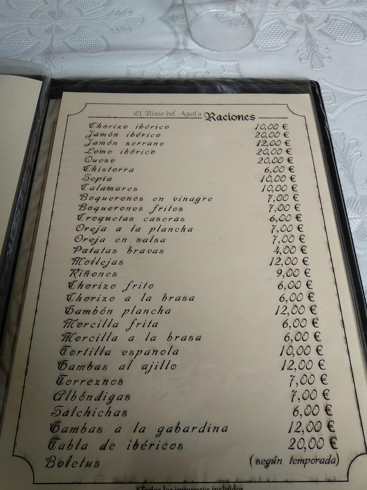 Carta del restaurante El Risco del Águila, Peguerinos
