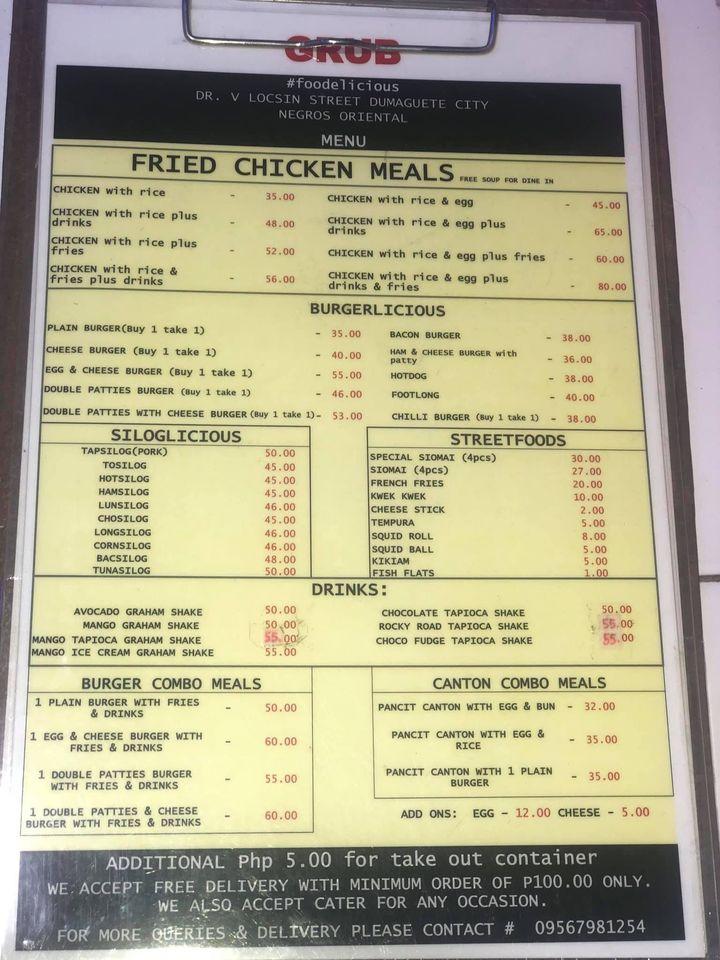 Menu at GRUB #foodelicious restaurant, Dumaguete