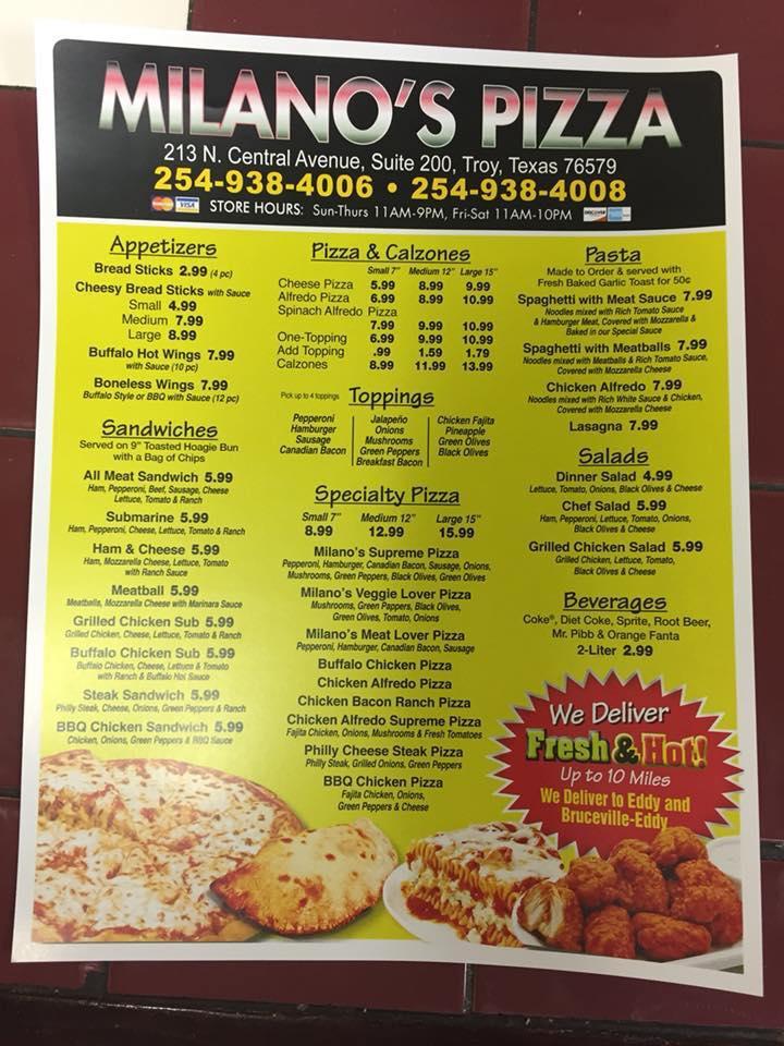 Menu at Milano's Pizza restaurant, Troy