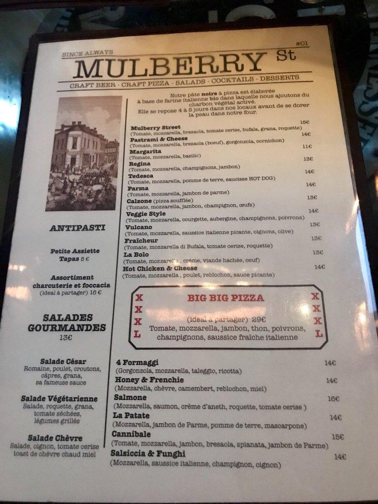 Menu at Mulberry Street pizzeria, Paris