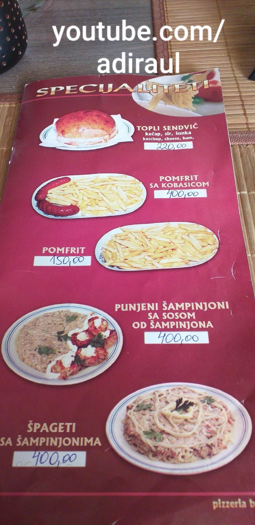 Carta del restaurante Picerija Beba, Vršac