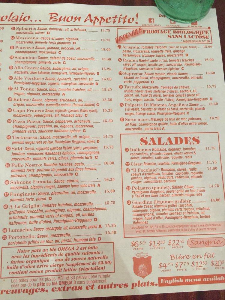 Menu at Pizza Il Focolaio pizzeria, Montréal