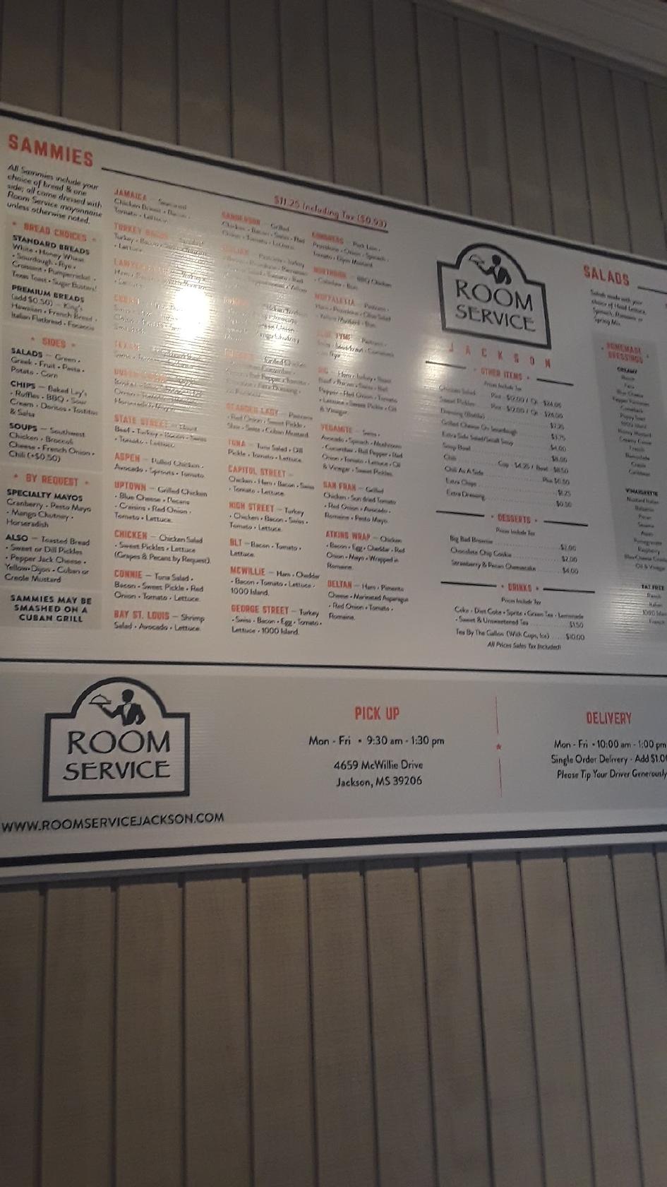 Menu at Room Service Jackson restaurant, Jackson, McWillie Dr