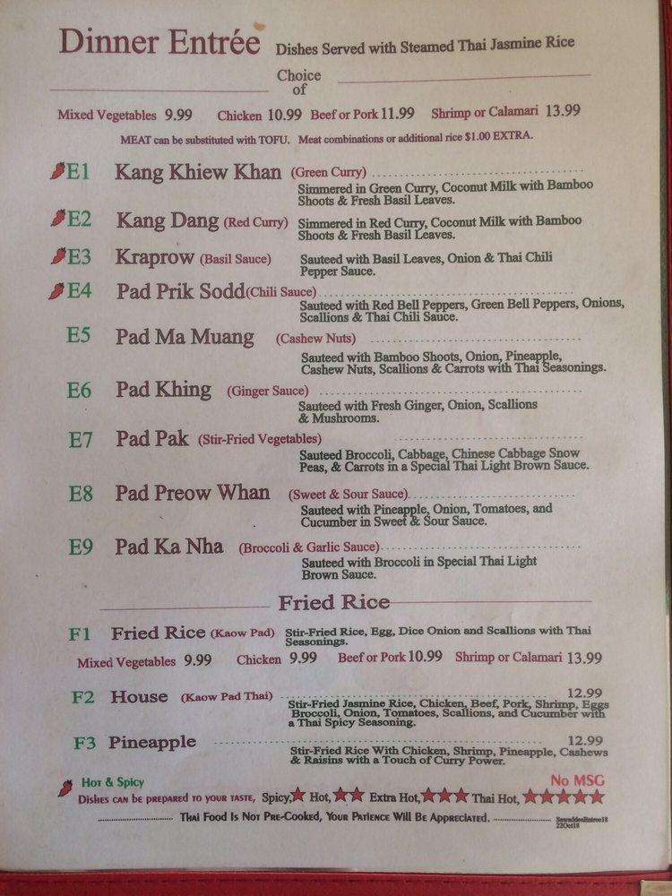 Menu at Sawaddee restaurant, Spring Lake