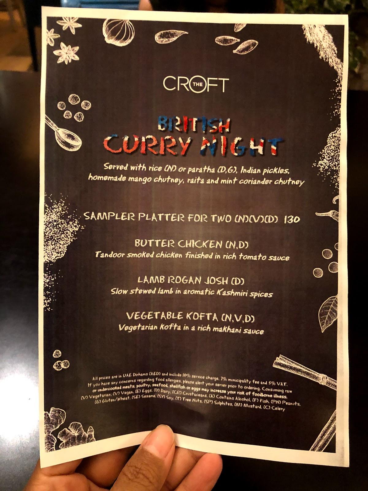 Menu at The Croft restaurant, Dubai