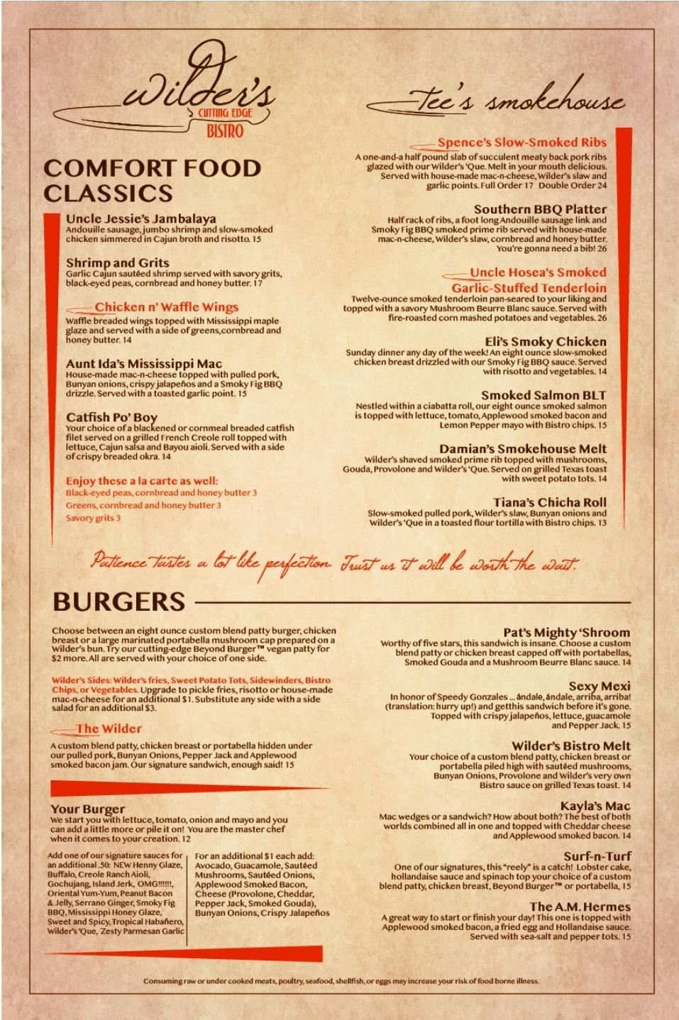 Menu at Wilder's Cutting Edge Bistro pub & bar, Appleton