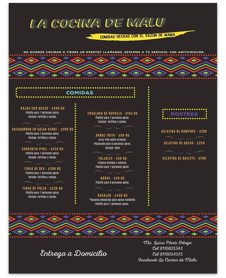 Menu at La Cocina de Malu restaurant, Monterrey