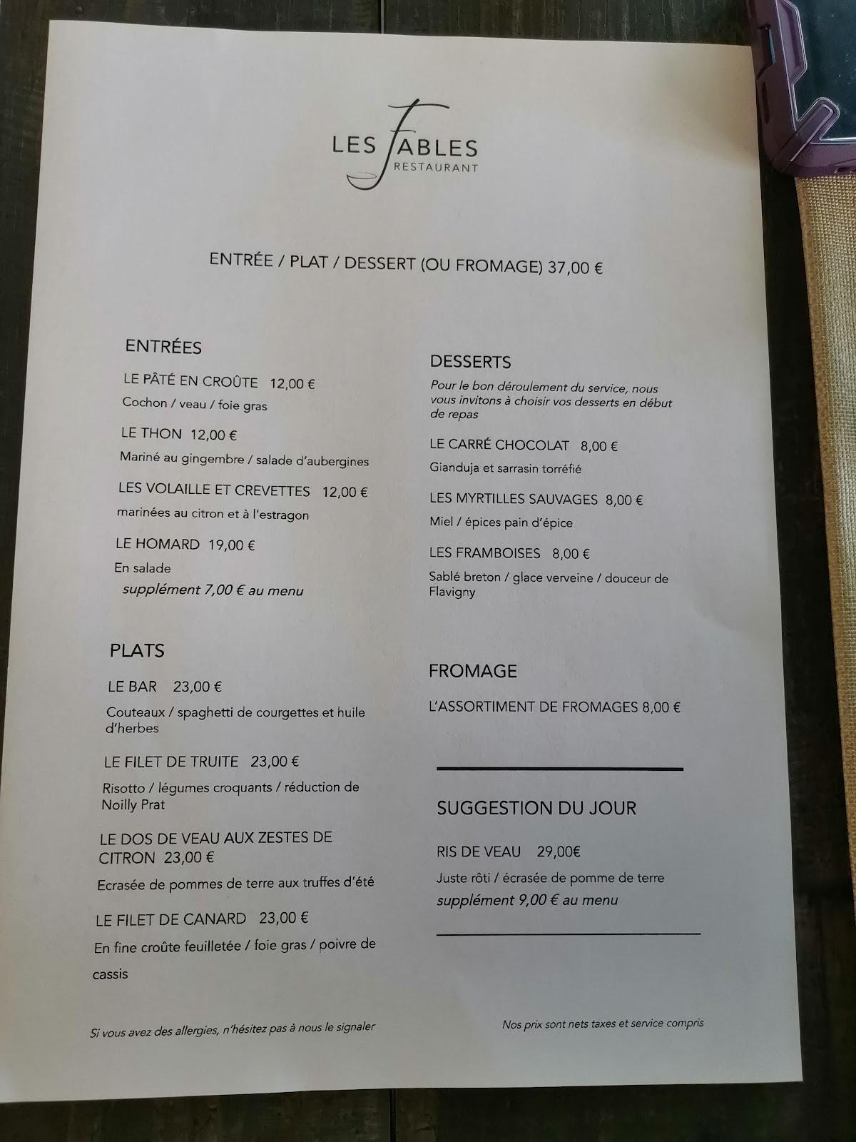 Menu au Les Fables restaurant, Fontaines