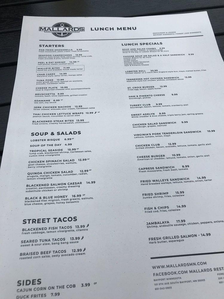 Menu at Mallards Restaurant, Forest Lake