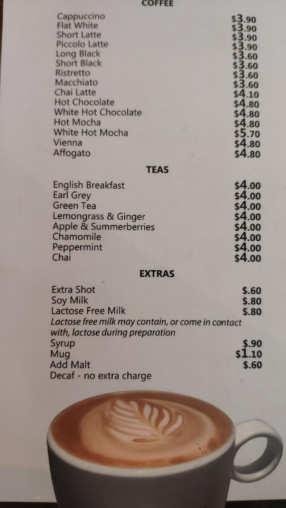 Menu at Ms Matildas cafe, Corio