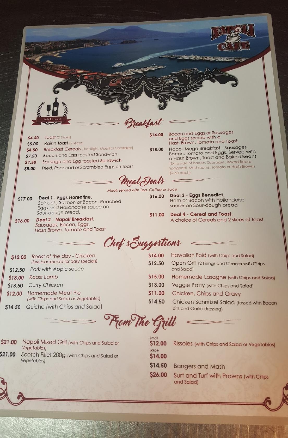 Menu at Napoli Cafe, Burnie, 2 Wilson St