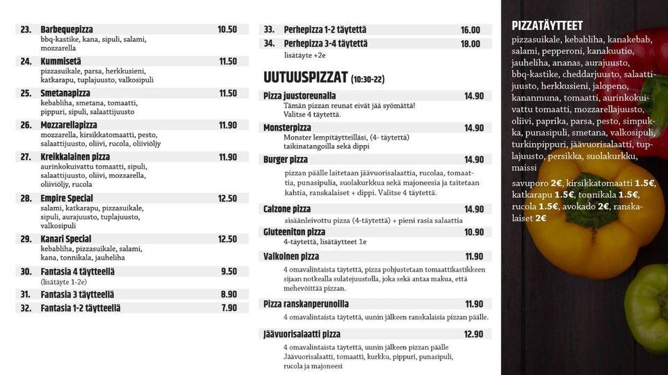 Menu at Ravintola Kanari restaurant, Salo
