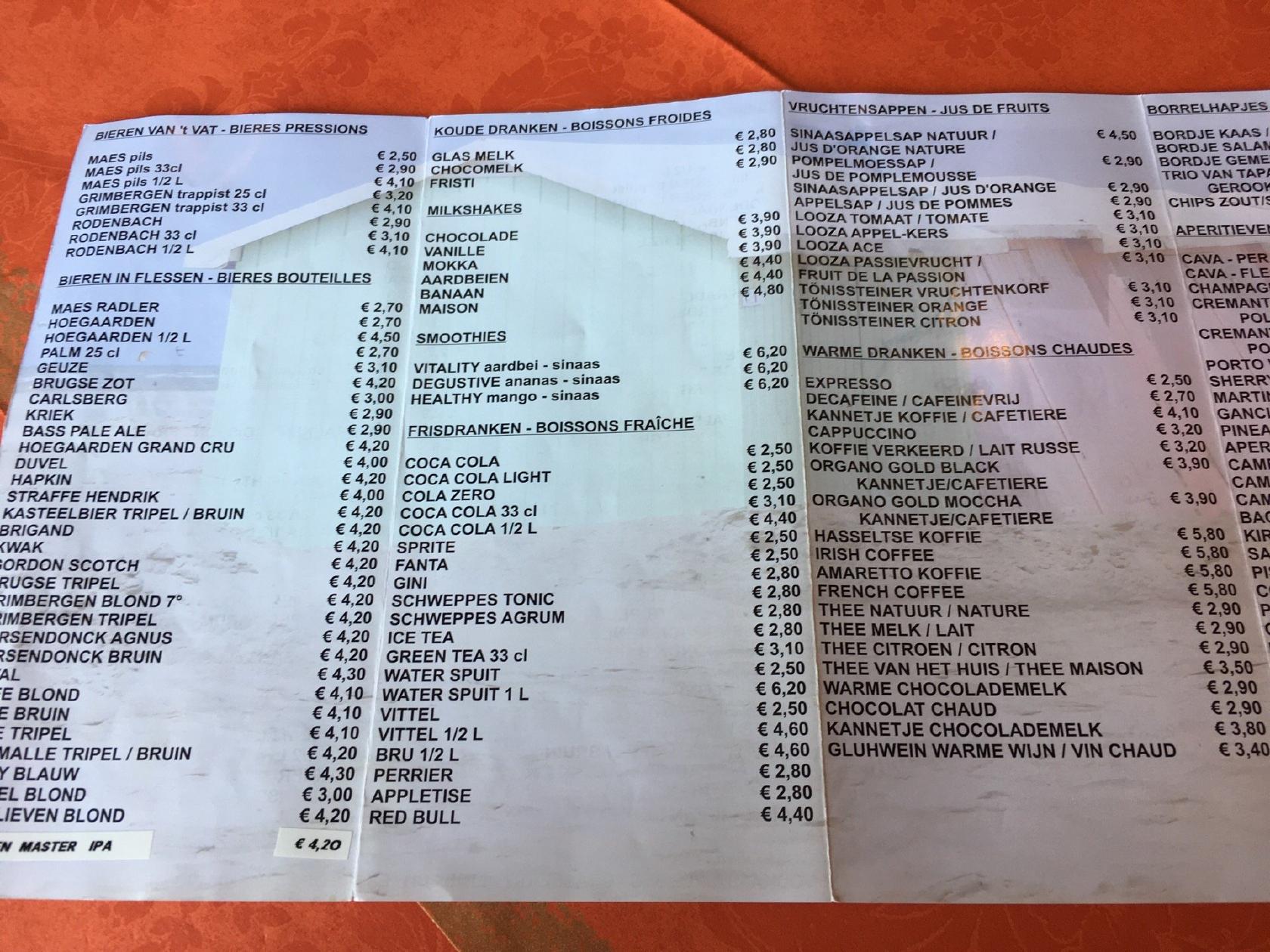 Menu at Strandhotel, Blankenberge