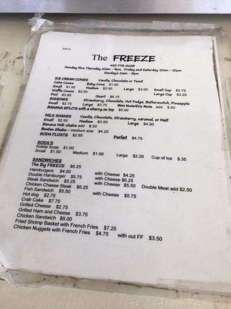 Menu at The FREEZE fast food, Chestertown