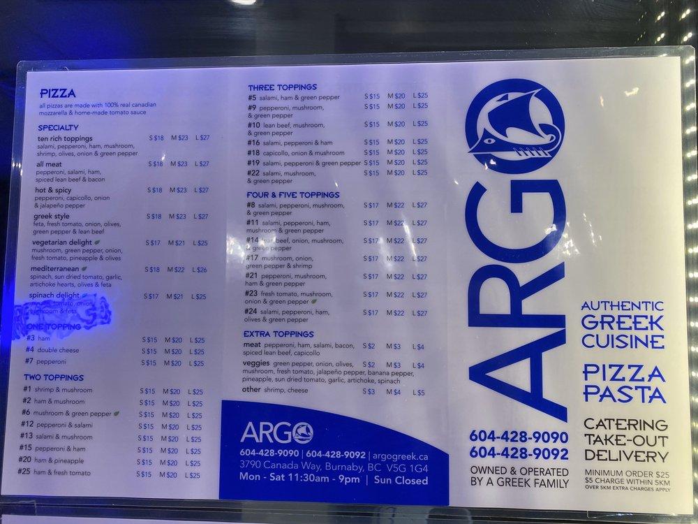 Menu at Argo Greek Cuisine Pizza & Pasta pizzeria, Burnaby