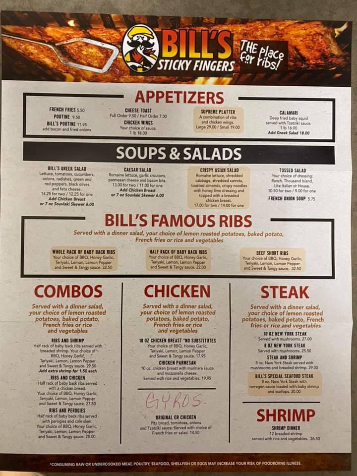 Menu at Bill's Sticky Fingers BBQ, Portage la Prairie