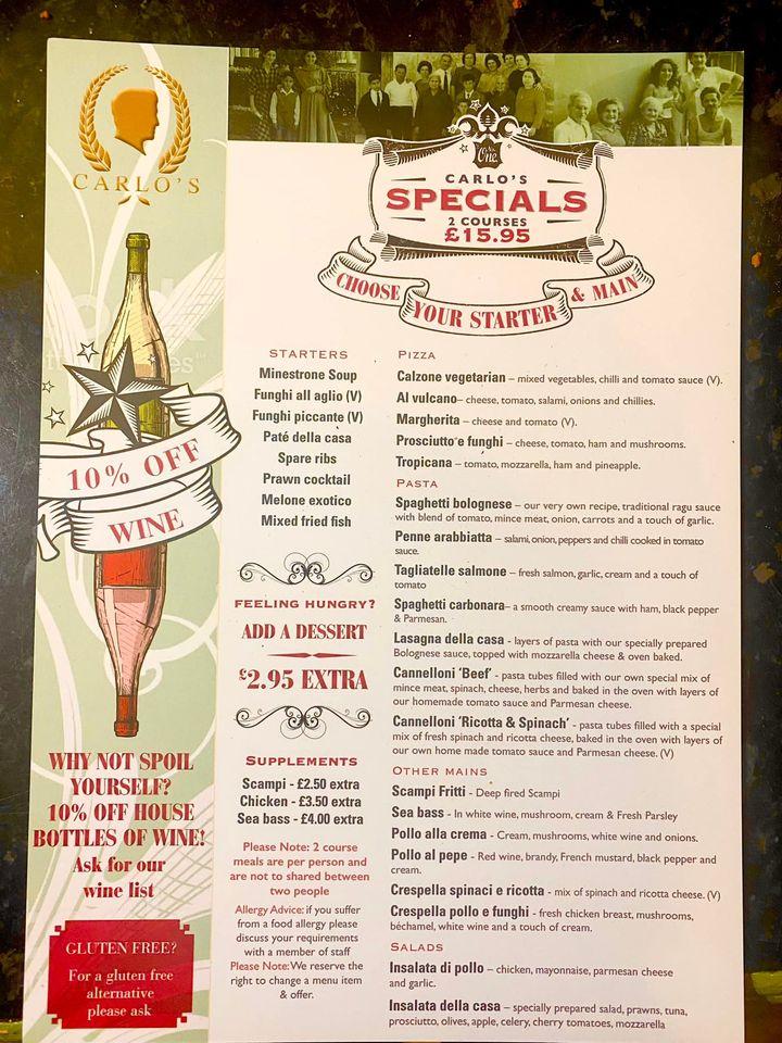 Menu at Carlo's Restaurant, Colne