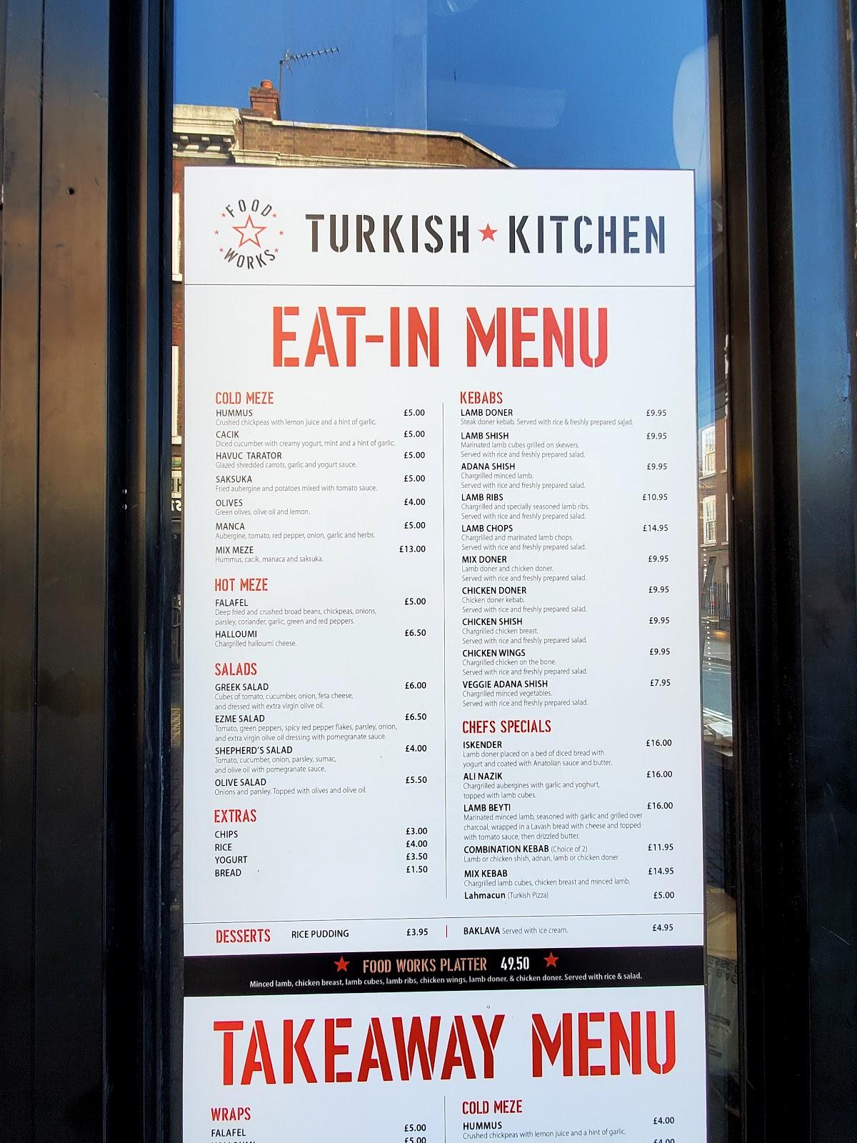 Menu at Food Works Turkish Kitchen restaurant, London, 51 Strutton Ground