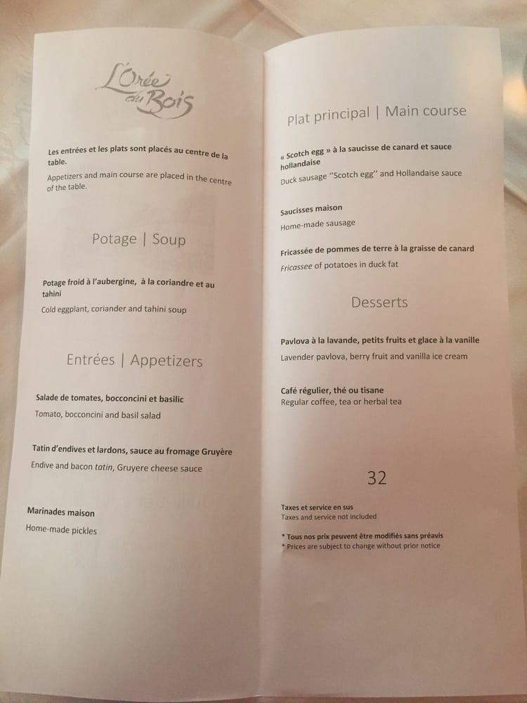 Menu au L'Orée du Bois restaurant, Chelsea