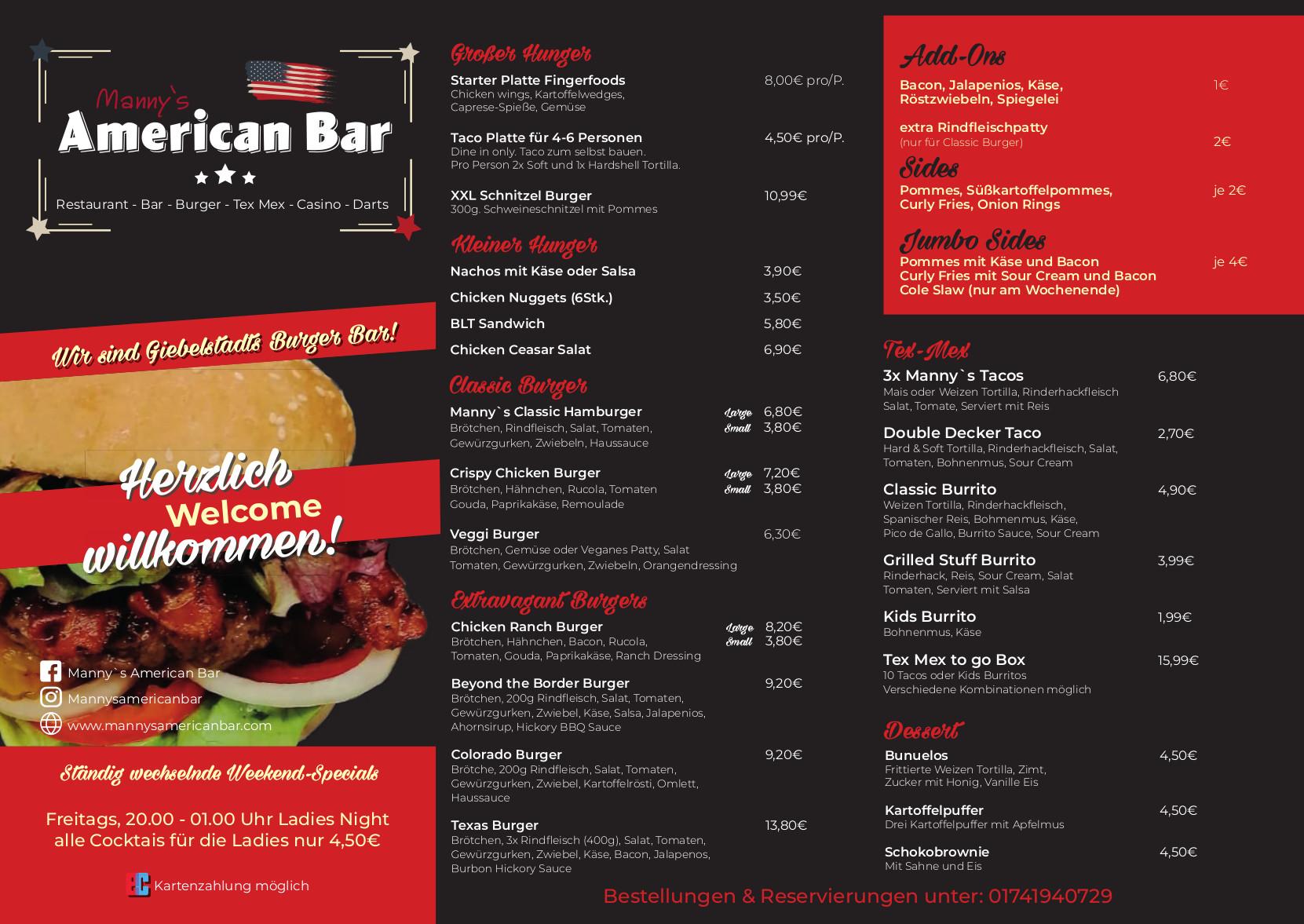 Speisekarte von Manny's American Bar, Giebelstadt