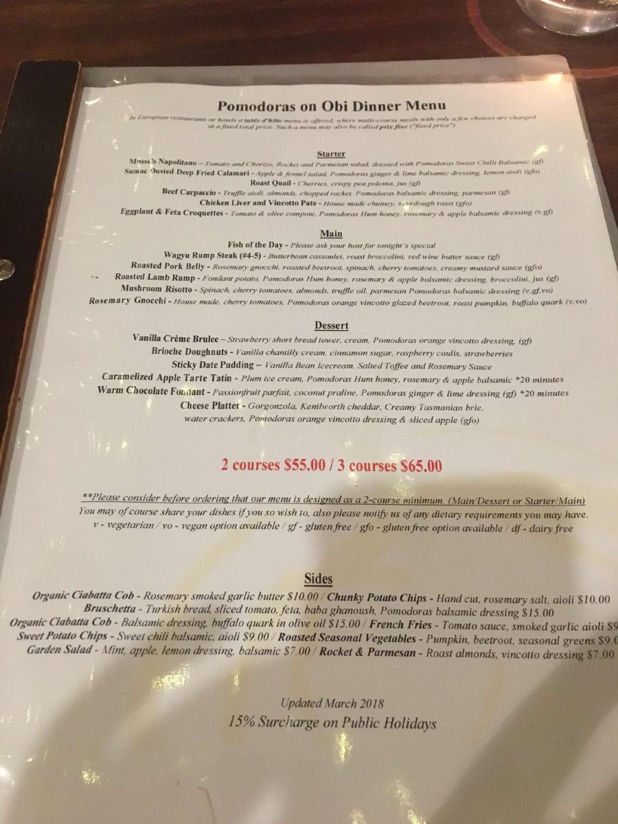 Menu at Pomodoras on Obi restaurant, Maleny