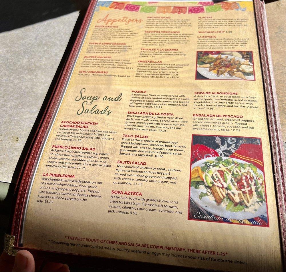 Menu at Pueblo Lindo restaurant, McCall