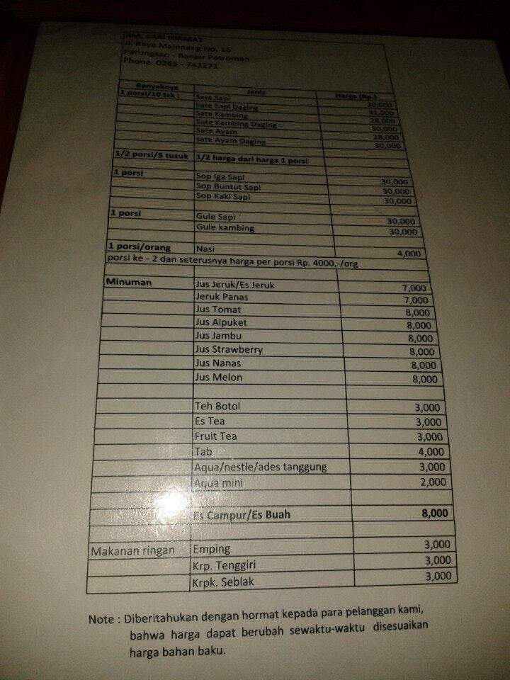 Menu at RM. Sari Nikmat restaurant, Banjar
