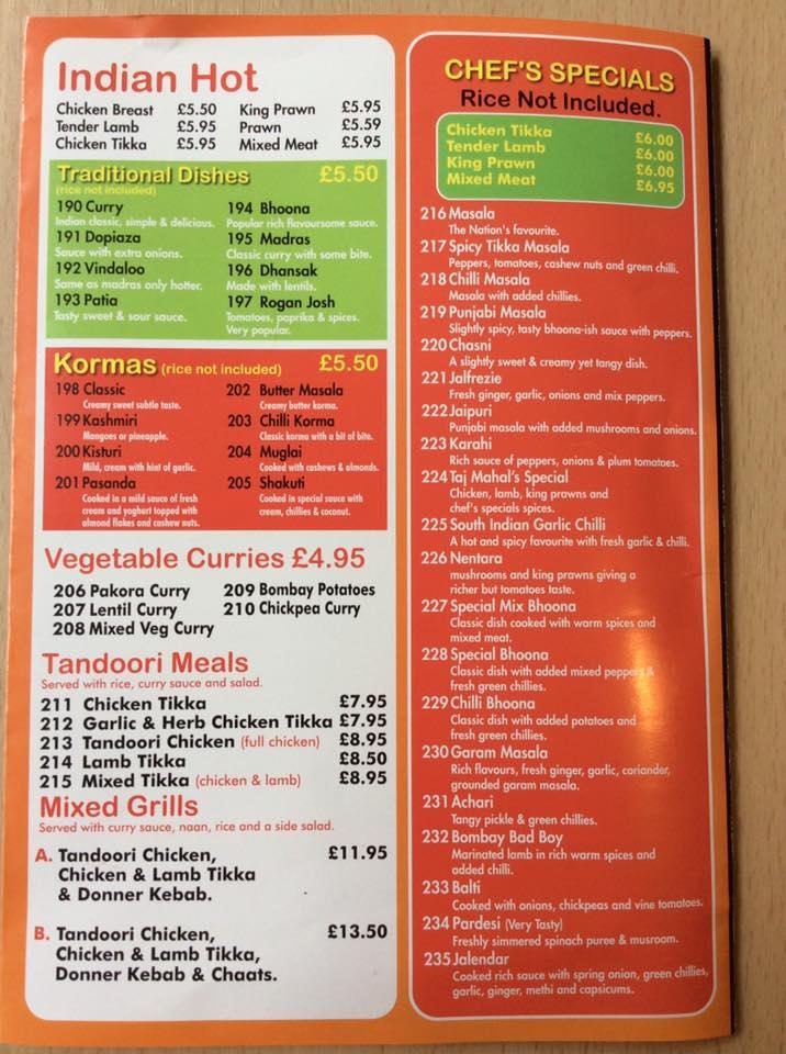 Menu at Taj Mahal restaurant, Glasgow, 66 Dumbarton Rd