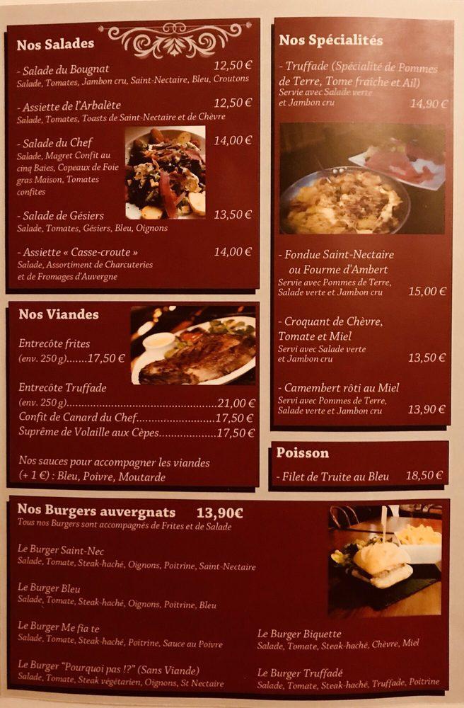 Menu at L'Arbalète pub & bar, Murol, Rue George Sand