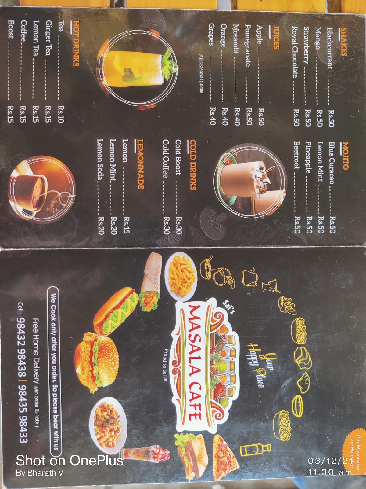 Menu at Sai masala cafe, Coimbatore