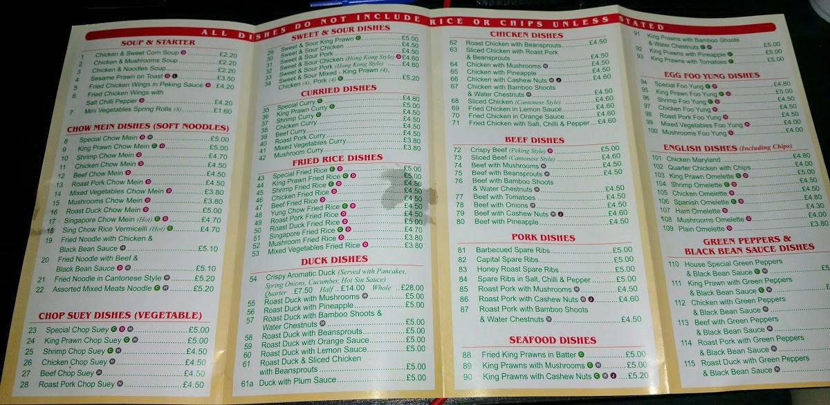 Menu at Wongs fast food, Barry