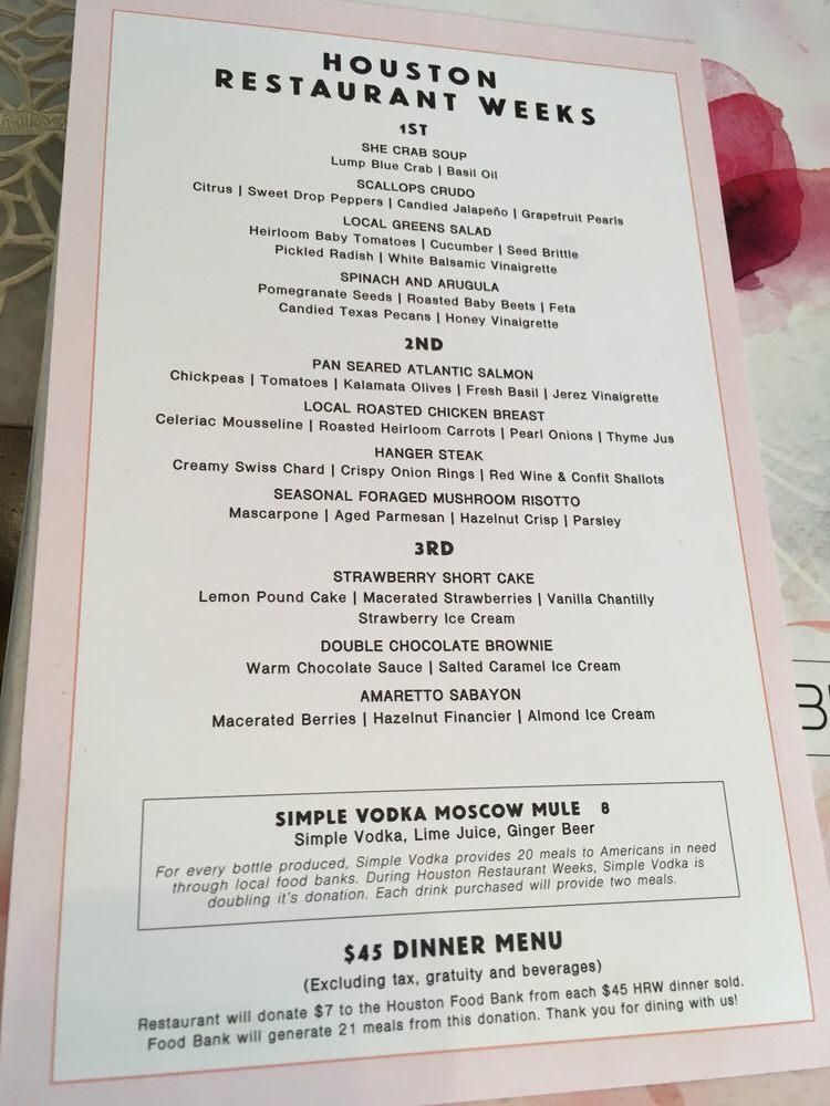 Menu at Bloom & Bee restaurant, Houston