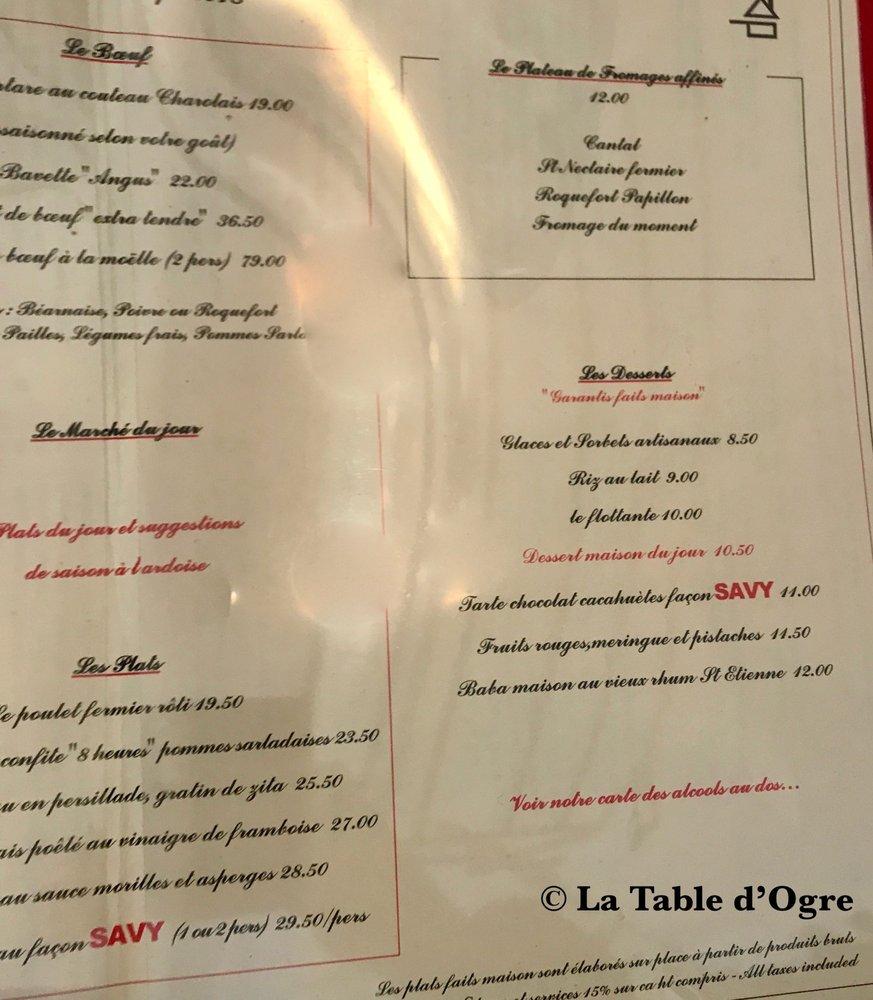 Menu at Chez Savy restaurant, Paris