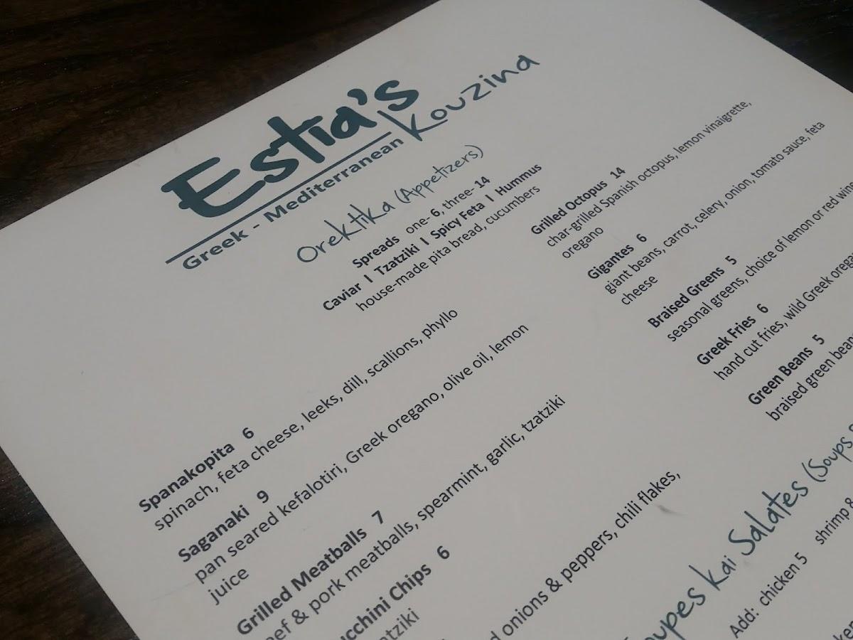 Menu at Estia's Kouzina restaurant, Belmont