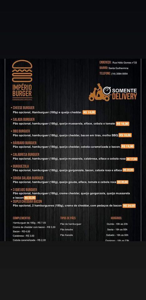 Menu at Império Burger pub & bar, Pirajuí