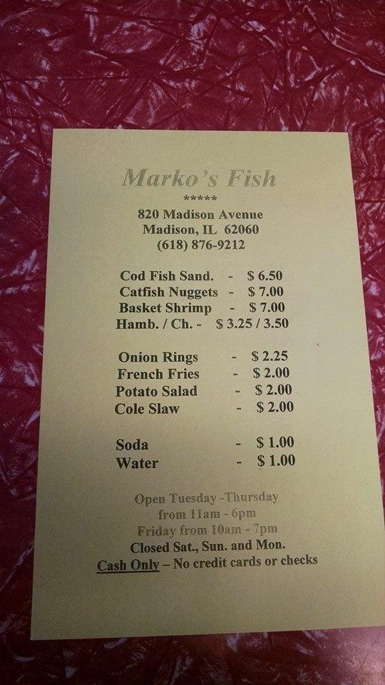 Menu at Marko's Fish restaurant, Madison