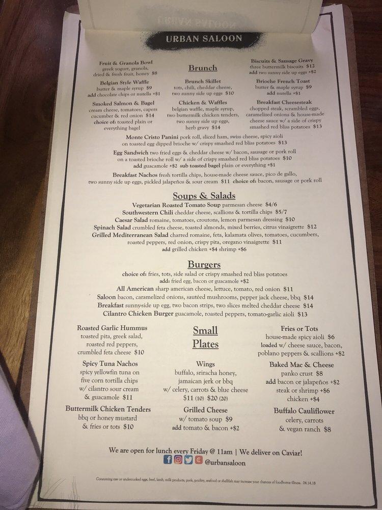 Menu at Urban Saloon pub & bar, Philadelphia, Fairmount Ave