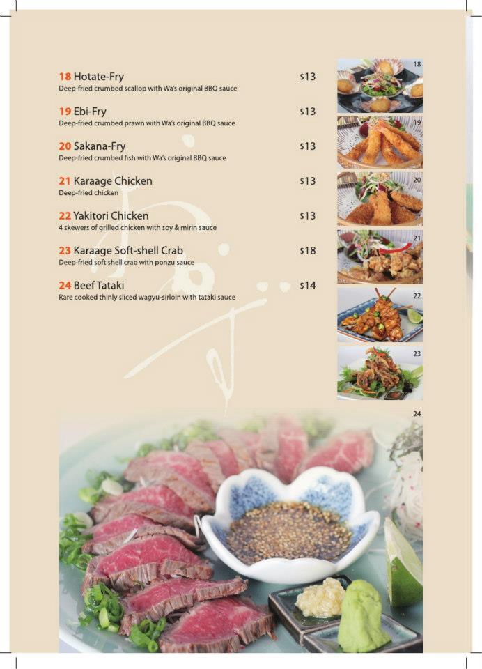 Menu at WA restaurant, Bondi Junction