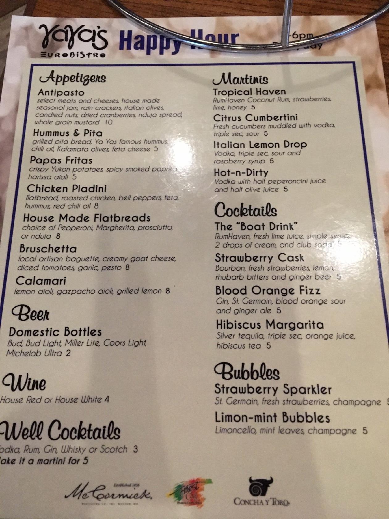 Menu at YaYas Euro Bistro in Overland Park restaurant, Overland Park