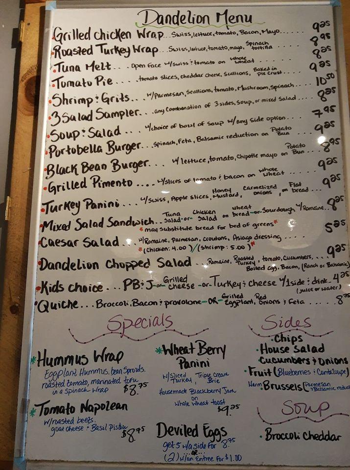 Menu at Dandelion cafe, Hendersonville
