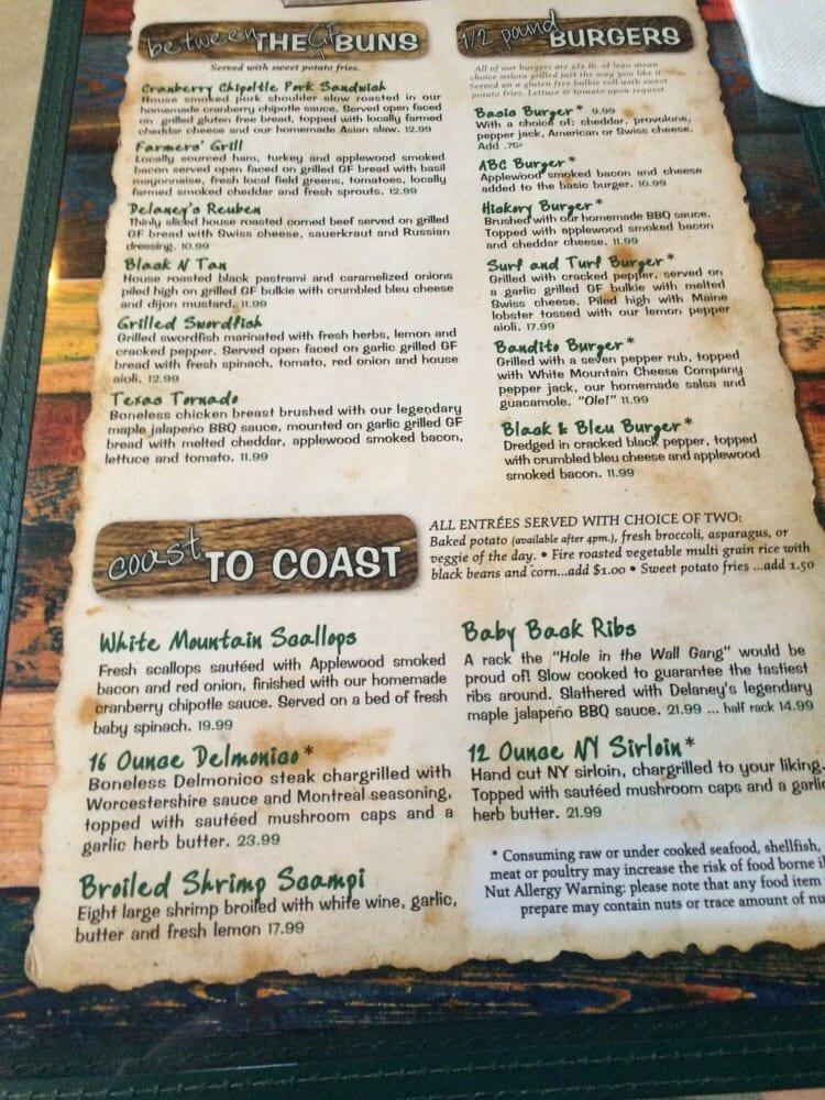 Menu at Delaney's Hole In the Wall restaurant, Conway