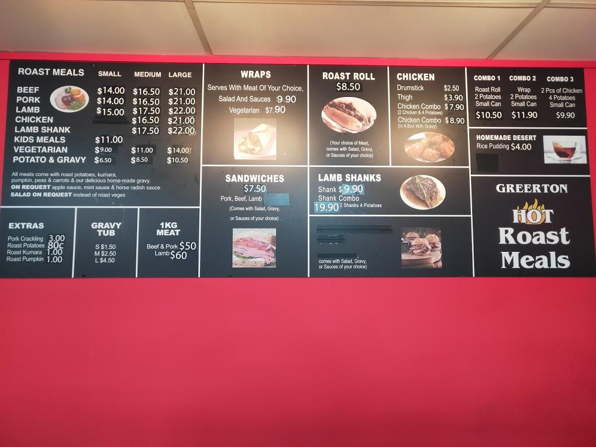 Menu at Greerton Roast Meals restaurant, Tauranga