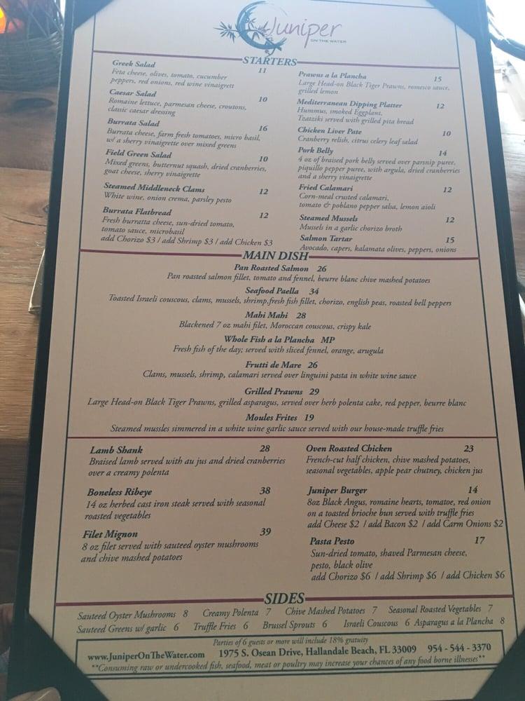 Menu at Juniper On The Water pub & bar, Hallandale Beach