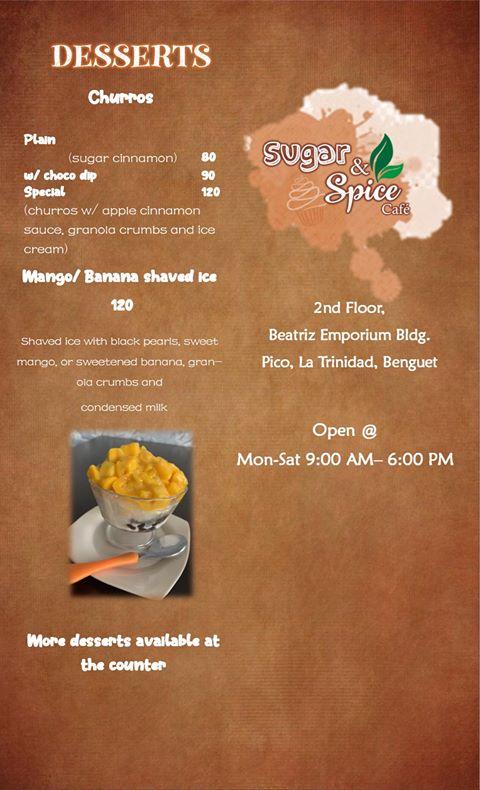 Menu at Sugar & Spice Cafe, La Trinidad
