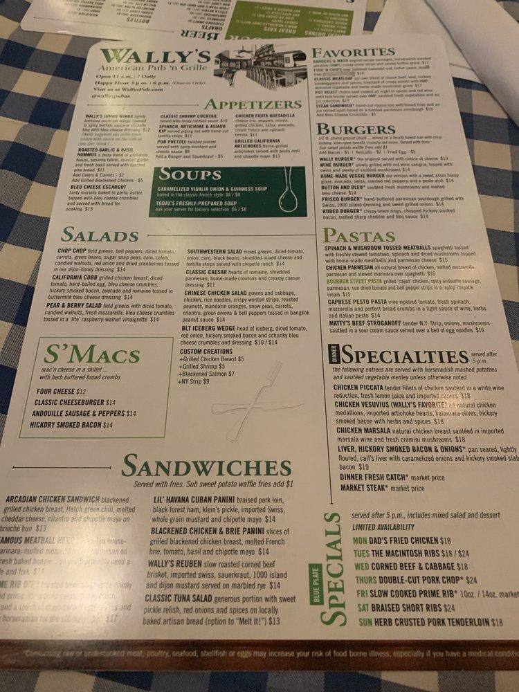 Menu at Wally's American Pub N Grill, Phoenix